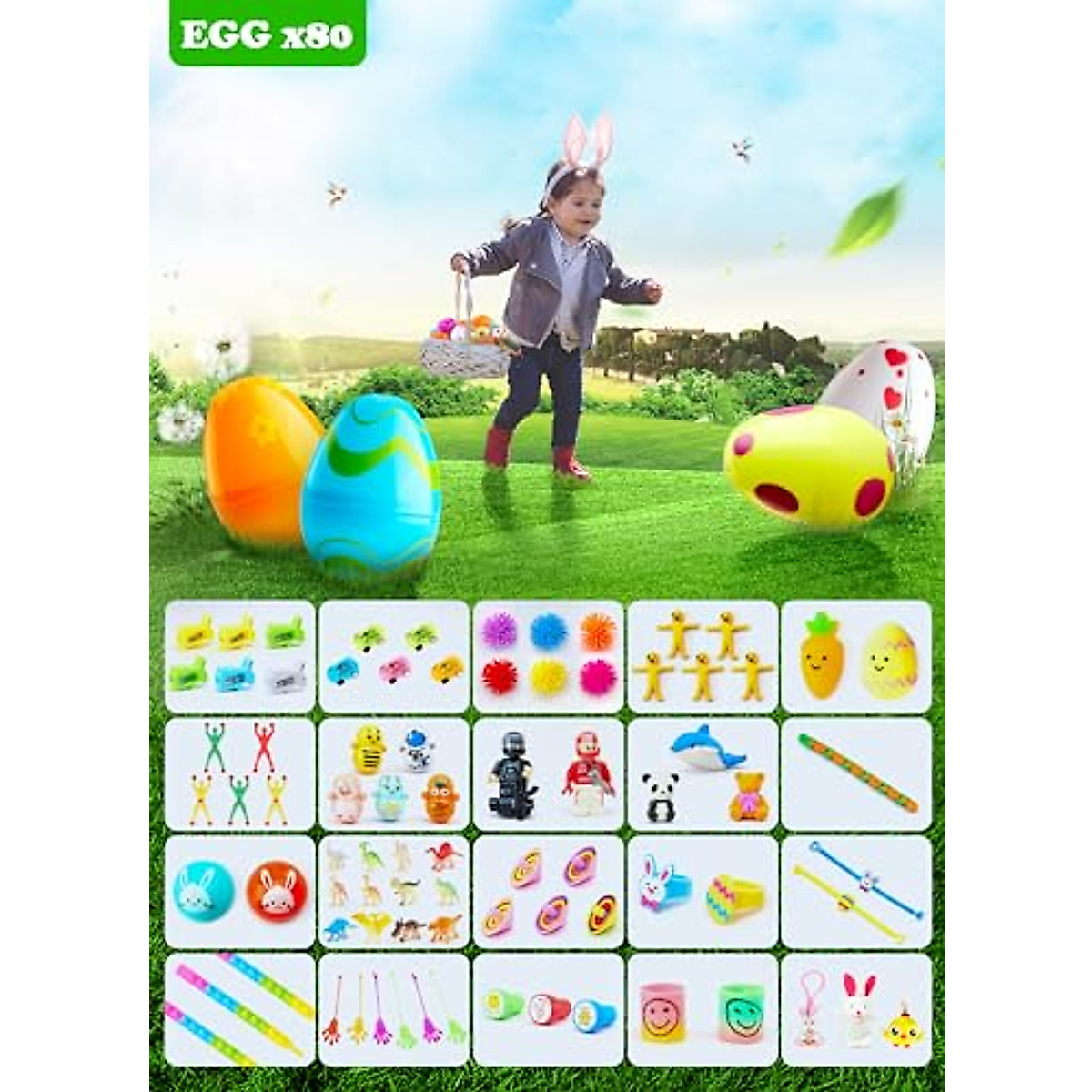 Minetom 80 Pcs Colorful Plastic Prefilled Easter Eggs with Toys inside Includes Dinosaur Toys,Finger Puppets, Pullback Car Toys, Easter Themed Rings,Easter Egg Hunt Supplies Party Favor Gifts for kids