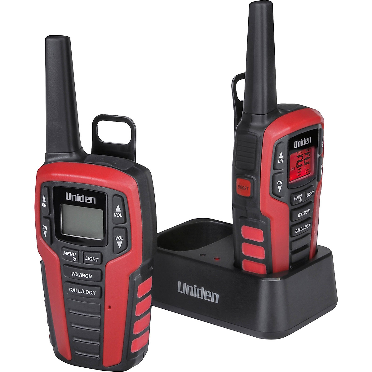 Uniden SX327-2CKHS Up to 32-Mile Range FRS Two-Way Radio Walkie Talkies, Dual Charging Cradle & 2 Headsets, Water Resistant, 22 Channels, 121 Privacy Codes, NOAA Weather + Alert, LED Flashlight