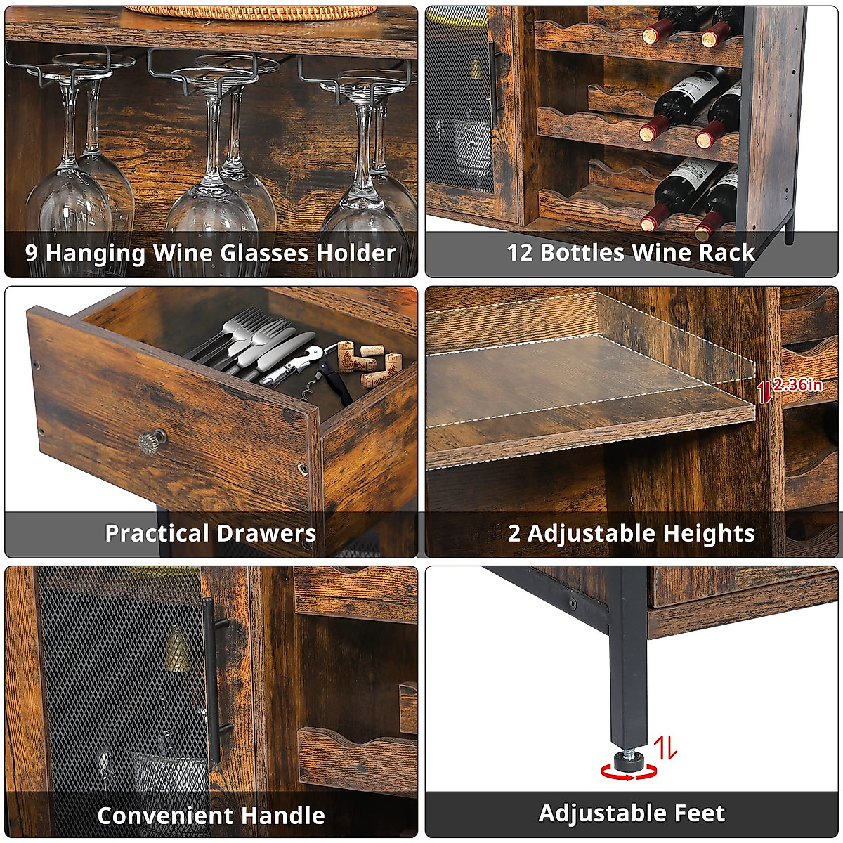 3-Tier Wine Bar Cabinet with Detachable Wine Rack and Drawer, Industrial Sideboard and Buffet Cabinet with Glass Holder, Coffee Bar Cabinet with mesh Door for Home & Kitchen, Rustic Brown