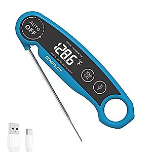BRAPILOT Meat Thermometer Rechargeable for Cooking - 3~4S Instant Read Candy Cooking Food Thermometer, LED Display, Temperature Calibration Waterproof for Oil Deep Fry BBQ Grill Smoker (Blue)