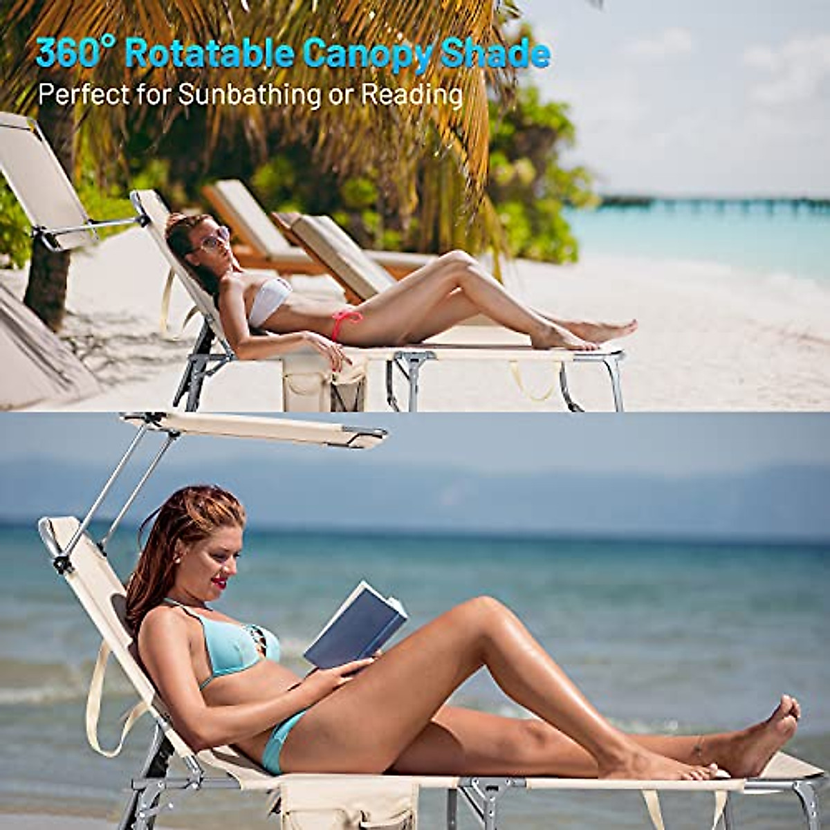 Giantex Outdoor Folding Chaise Lounge, Portable Reclining Chair with 5 Adjustable Positions, 360°Rotatable Canopy Shade, Side Pocket, Patio Lounge Chair for Beach, Lawn Sunbathing Chair (1, Beige)