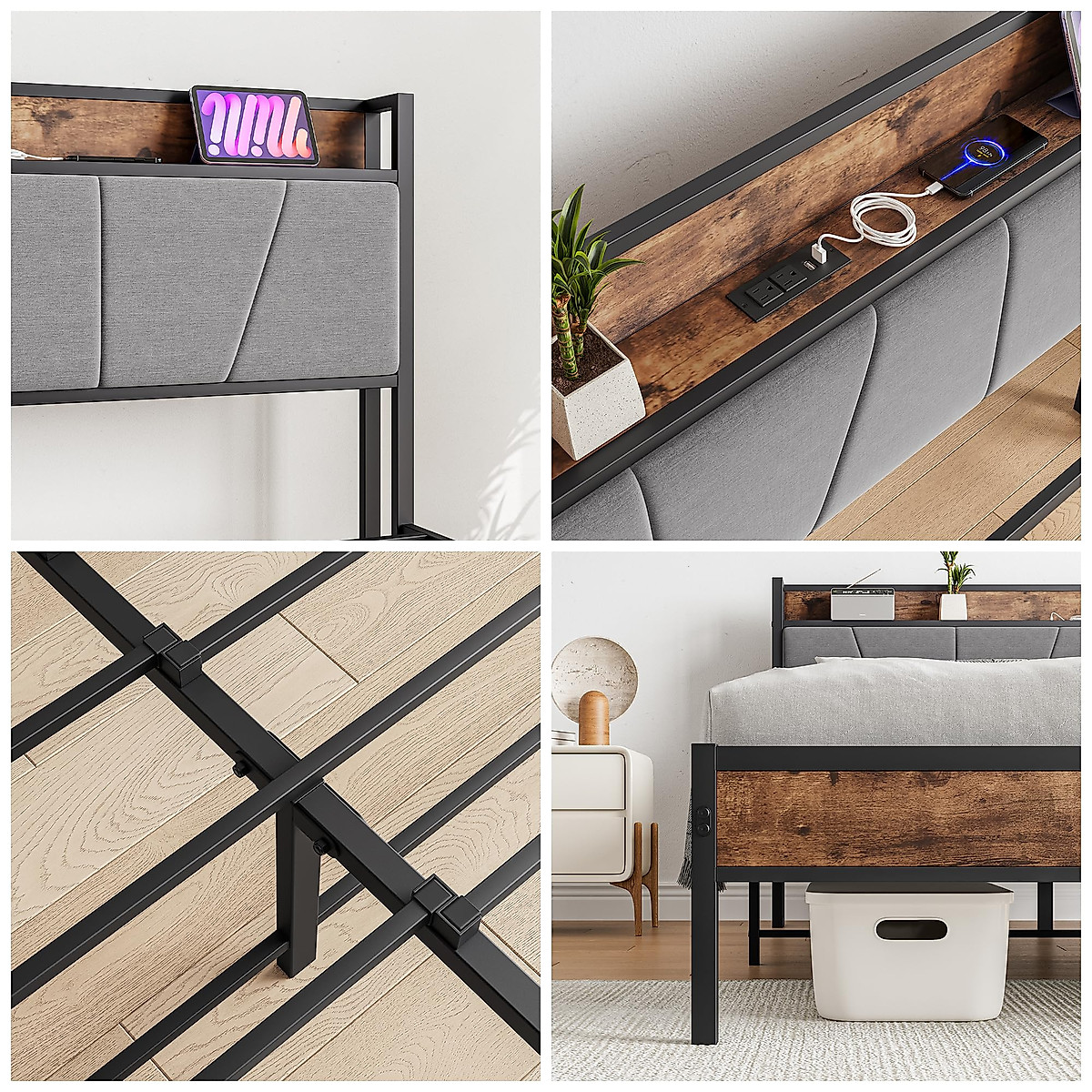 BOFENG Queen Size Bed Frame with Storage Headboard/Charging Station,Heavy Duty Metal Upholstered Platform Bed Frames Queen Size with Storage No Box Spring Needed,Strong Metal Slats,Noise Free,Brown