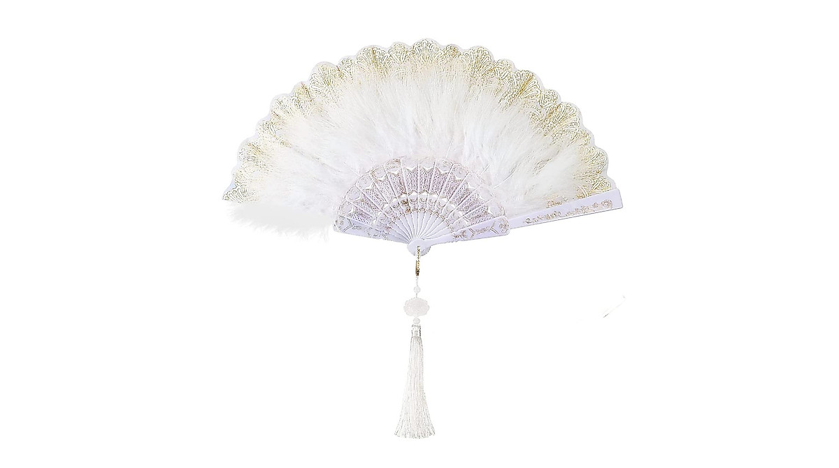 Huralona 1920s Vintage Flapper Hand Fan Embroidered White