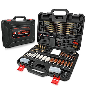 LUXHMOX 59-in-1 Universal Hunting Rifle Pistol Gun Cleaning Kit for All Shotguns - Carrying Case Including Cotton Mop, Bronze Brushes, Brass Jags, Brass Rods, Empty Oil Bottles (Black)