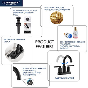Roffenny Matte Black Bathroom Faucets for Sink 3 Holes, Contemporary 2-Handle 4 inch Centerset Bathroom Faucet, 4 in Center Bath Vanity Sink Faucet, High-Arc 360 Swivel Spout, with Pop-up Drain
