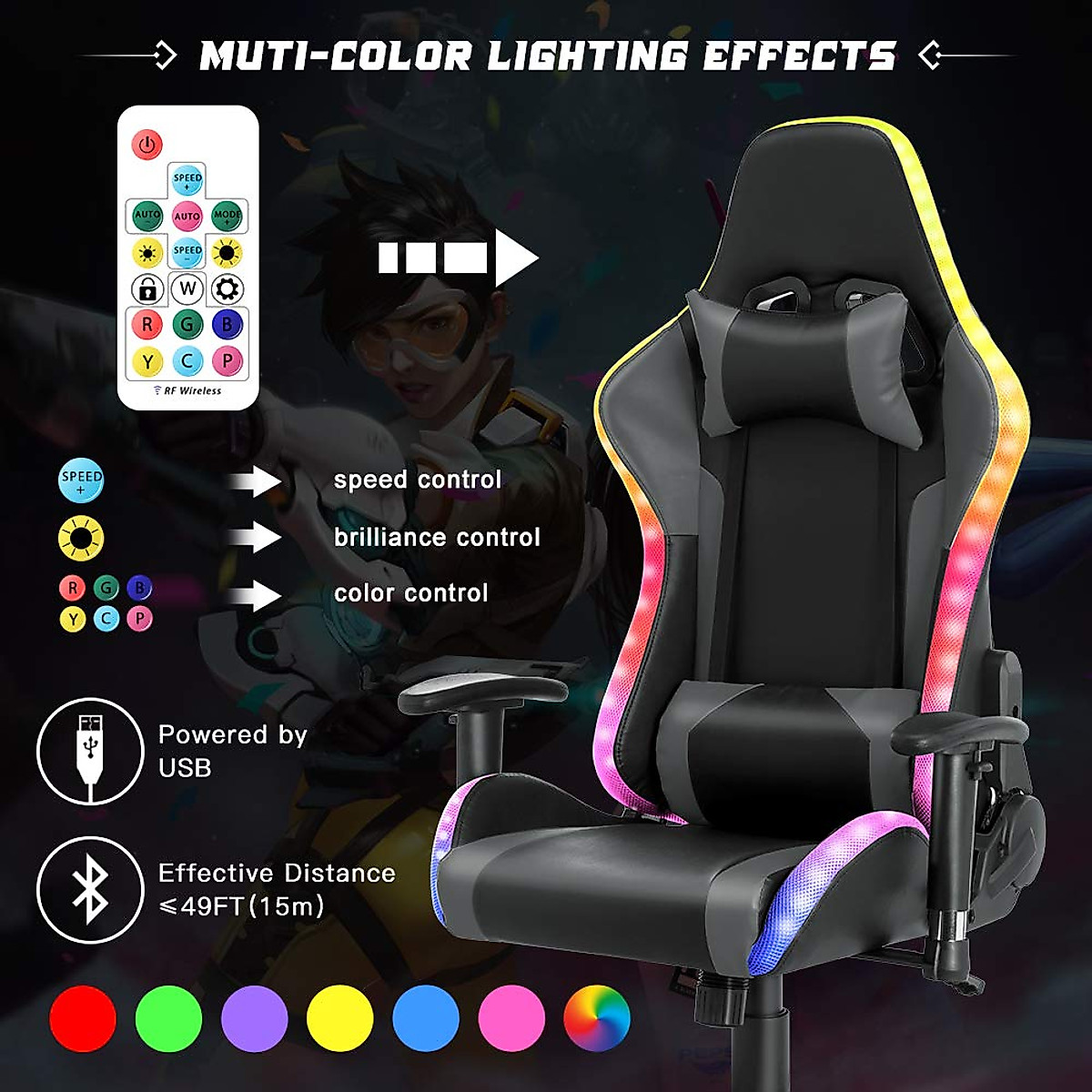 Gaming Chair with Bluetooth Speakers RGB LED Lights, Music Video Game Chair, Ergonomic PU Leather Comfortable Computer Chair, Adjustable Reclining Racing Office Swivel Chair for Adult Teens (Gray)
