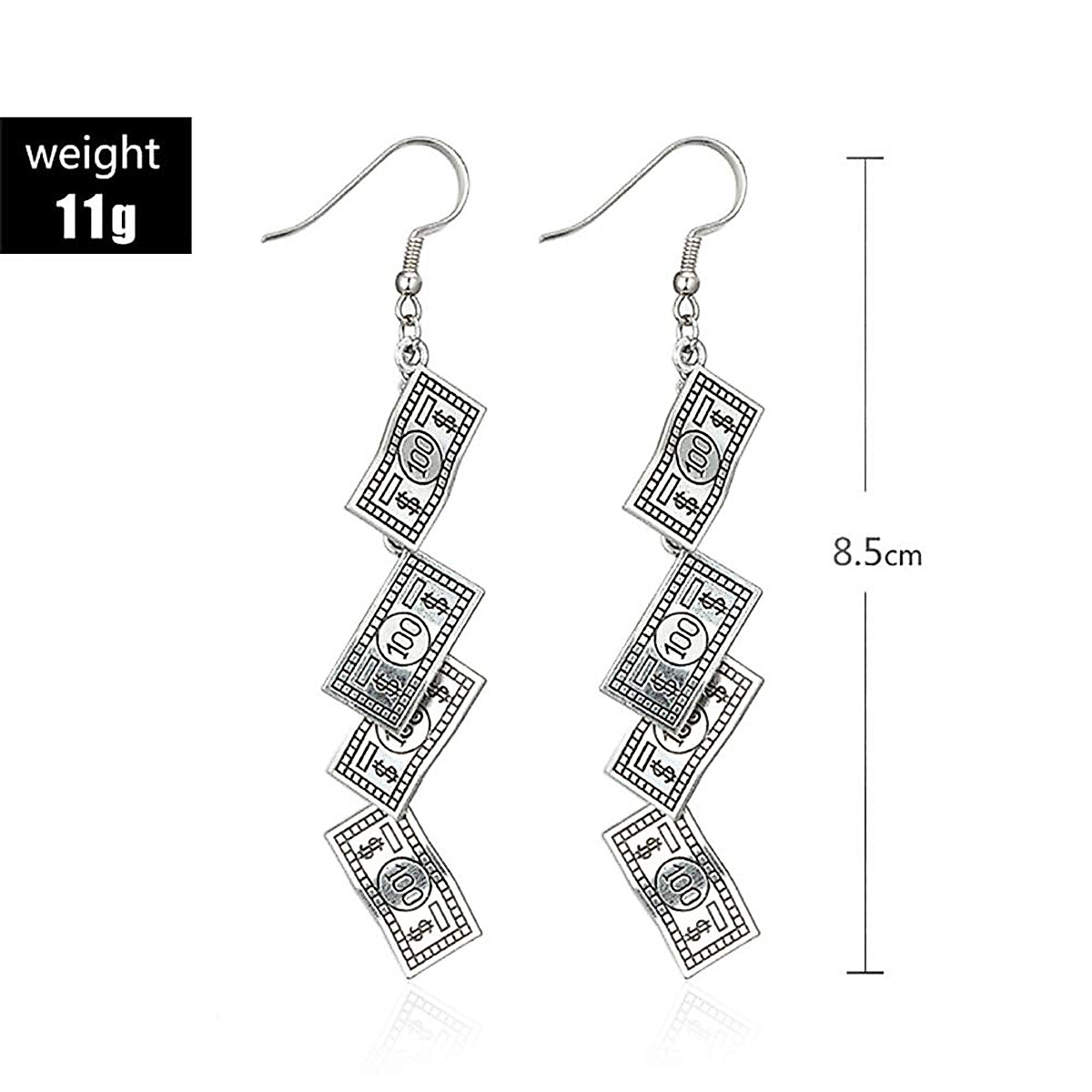 YOOE Cute 100 Dollar Bill Money Currency Dangle Earrings.Punk hiphop Paper Cash Drop Earrings.Antique Silver Gold For Women Jewelry (Silver)