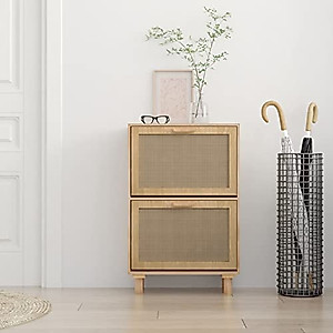 Tidyard Shoe Rack with Pull-Down Storage Drawers, Engineered Wood and Natural Rattan Shoe Cabinet for Bedroom Entryway Hallway Home Furniture