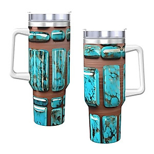 HULIBIN Bright Aqua Blue Turquoise Print Double Deck Stainless Steel Travel Coffee Cup With Lid 40 Oz Ice Bully Cup