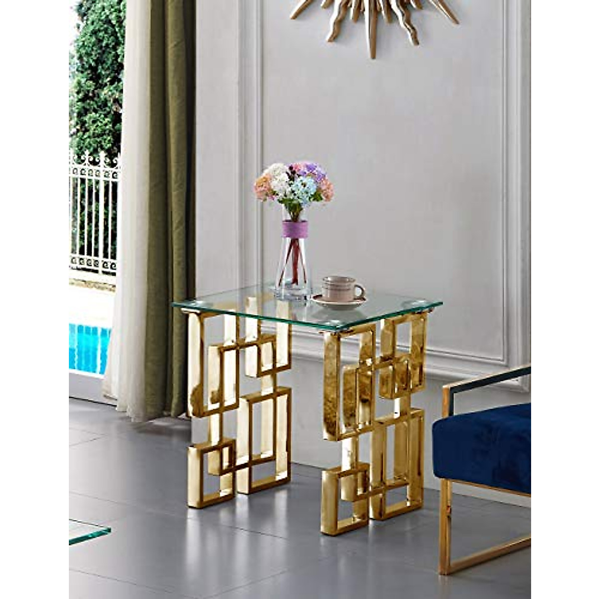 Meridian Furniture Pierre Collection Modern | Contemporary Square Glass End Table, 20" W x 20" D x 22" H, Glass, Gold & Pierre Collection Modern | Contemporary Square Glass Console Table