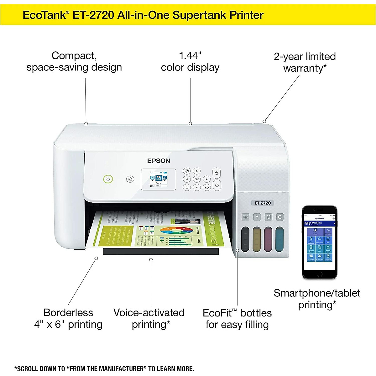 Epson EcoTank ET-2720 All-in-One Wireless Color Inkjet Supertank Printer for Office, White - Print Scan Copy - 5760 x 1440 dpi, Voice Activated, 10.5 ppm, 1.44" LCD, Borderless Print, Ethernet, WiFi
