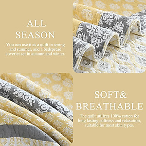 DDUOXIN Floral Quilts King Size - 100% Cotton Reversible King Quilt with 2 Pillow Shams, Farmhouse Soft Bedspreads Lightweight King Quilt Bedding Set, Yellow/Grey, King