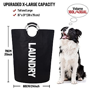 Lilyfantasy 160L XXX-Super Large Laundry Baskets, Laundry Hamper with Padded Handles, Tall Laundry Basket Stand Up Well, Foldable Round Laundry Bag for Easy Storage（Black）