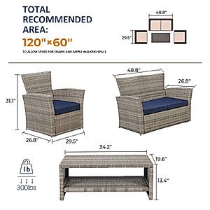Laurel Canyon Outdoor Patio Furniture 4 Piece Wicker Conversation Sets, Rattan Loveseat and 2 Chairs with Cushions Coffee Table for Porch Deck, Grey