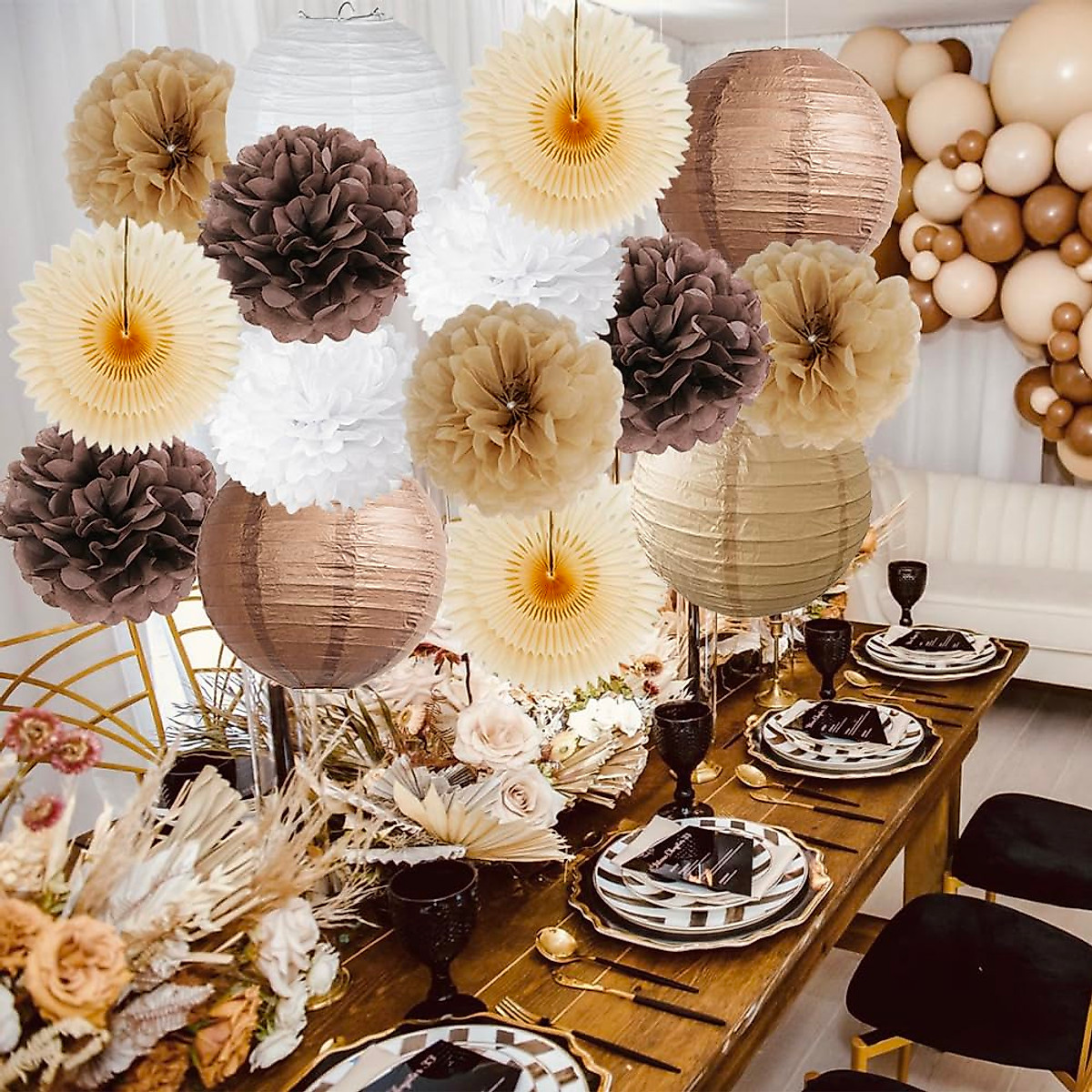 Cream Tan Brown Party Decorations Rustic Paper Fans Lanterns Pom Poms Boho Brown and Beige Neutral Party Decorations for Brown Birthday Decorations Baby Shower Bridal Shower Engagement Wedding