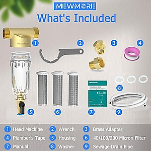 MewMore WHC40 Sediment Filter, 40 & 100 & 200 Micron Reusable Spin Down Sediment Water Filter, Whole House Water Filter for Well Water, Home Pre-filtration System, 1" MNPT + 3/4" FNPT + 3/4"MNPT