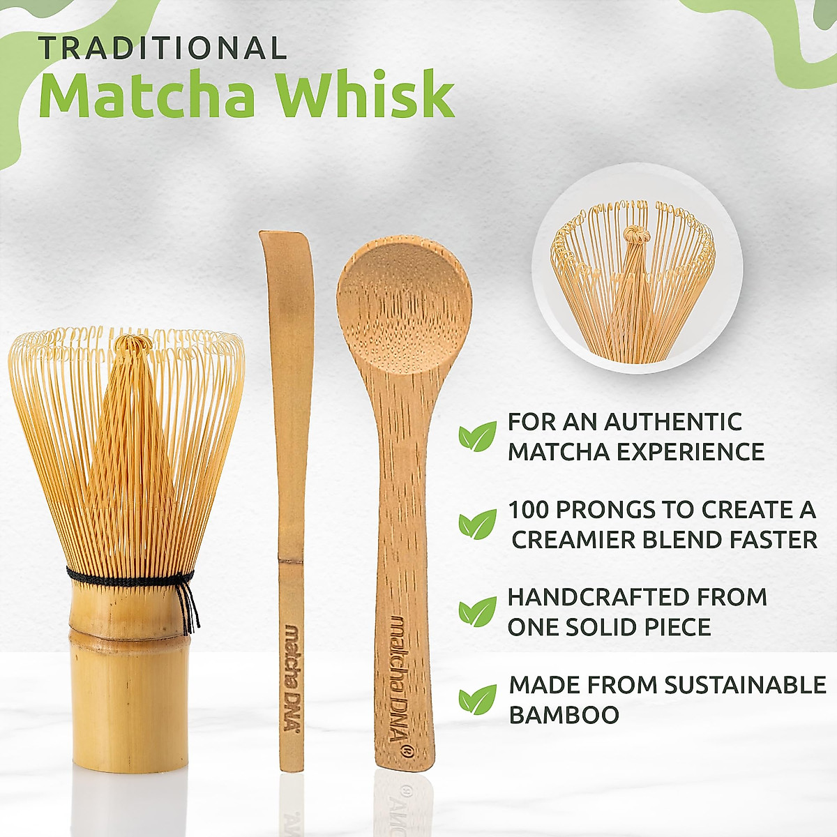 Bamboo Matcha Whisk with Bamboo Spoon and Hooked Bamboo Scoop (Chashaku) Set by MATCHA DNA - Traditional Matcha Whisk Made from Durable and Sustainable Golden Bamboo for Matcha Tea Preparation