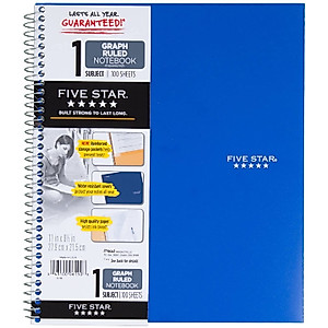 Five Star Spiral Notebook, Graph Ruled, 1 Subject, 8.5 x 11 Inches, 100 Sheets, Assorted Colors (06190), Pack Of 6