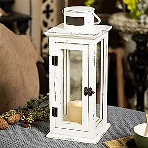 Rustic White Lantern Candle Holder 15In Tall, Hanging Farmhouse Wood Decorative Outdoor Lanterns for Wedding Decor, Hurricane Glass LED Fireplace Table Centerpiece Christmas, Style 1,