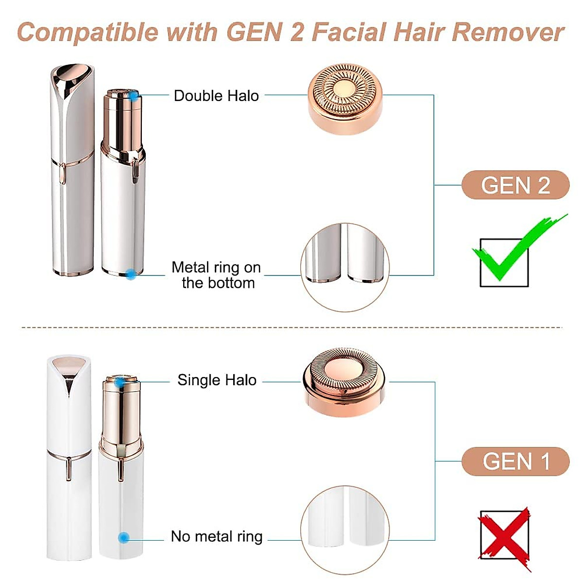 Facial Hair Remover Replacement Heads Generation 2, Double Halo Replacement Heads for Finishing Touch Facial Hair Removal for Women, 18K Gold-Plated Replacement Heads for Facial Hair Remover (6 PCS)