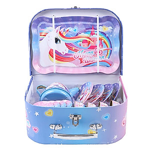 Golray Tea Party Set for Toddlers Girls Toys, Unicorn Gift for 3 4 5 6 Years Old, Tin Tea Set & Carrying Case & Food Treats Playset, Kids Kitchen Pretend Play for Age 3-6 Girls Birthday Gift Idea