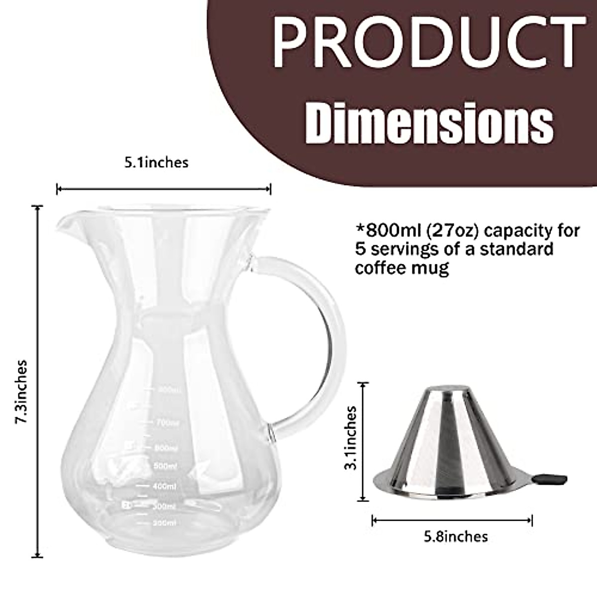 T-mark Pour Over Coffee Maker with Reusable Double-layer Stainless Steel Filter, 800ml/27oz BPA-Free Glass Coffee Carafe, Glass Coffee Maker, Coffee Dripper Brewer