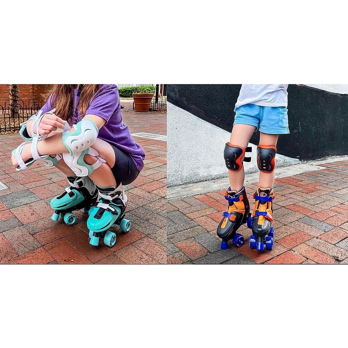 Lenexa Go GRO Adjustable Quad Roller Skate Bundle – Kids Roller Skates with Wrist Guards, Knee Pads, Elbow Pads, and Matching Backpack - Black, Orange, Adjustable Medium (12J to 2)