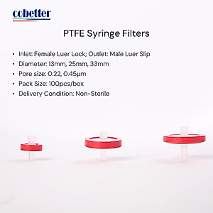COBETTER 100 Pack PTFE Syringe Filter Lab Filters Hydrophobic Filtration 0.22μm Pore Size 13mm Diameter Non-sterile Red