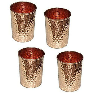 VAKRATUNDA KITCHENWARES Set of 4 Authentic Hammered Copper Drinking Glasses Tumblers, Aesthetic Vintage Design, Carry-Friendly Copper Glasses With Large Water Holding Capacity