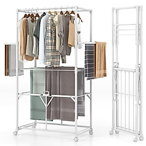 GOFLAME Foldable Clothes Drying Rack, Collapsible Laundry Rack Stand with Hanging Rods, Folding Side Shelves, Removable Middle Shelf, Garment Drying Rack with 4 Universal Wheels for Indoor Outdoor Use