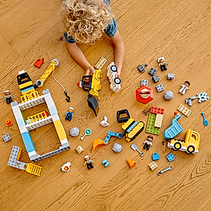 LEGO DUPLO Construction Tower Crane & Construction 10933 Creative Building Playset with Toy Vehicles; Build Fine Motor, Social and Emotional Skills; Gift for Toddlers (123 Pieces)