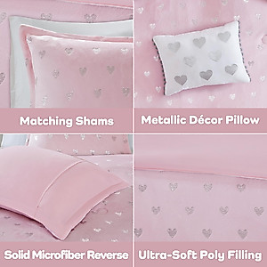 Mi Zone Rosalie Comforter Set for Girls, Ultra-Soft Microlight Plush Metallic Printed Hearts Brushed Reverse Overfilled Down Alternative Hypoallergenic All Season, , Full/Queen, Pink/Silver, 4 Piece