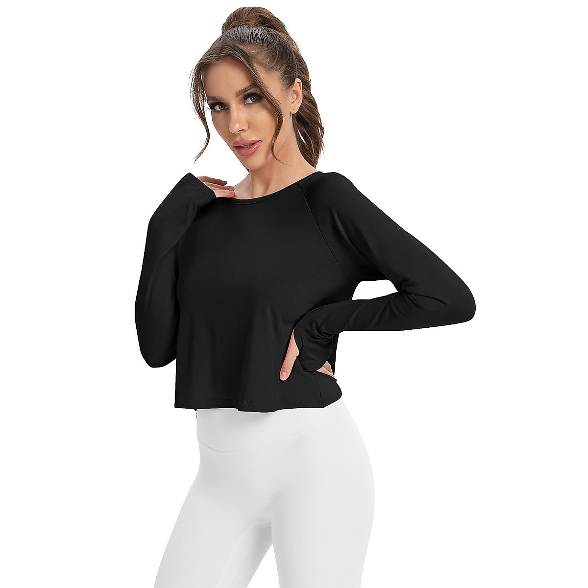 Mippo Womens Long Sleeve Workout Tops Yoga Shirts Athletic Gym Wear Cute Work Out Clothes Backless Shirts Cropped Workout Top Womens Activewear Tops for Women Black XL