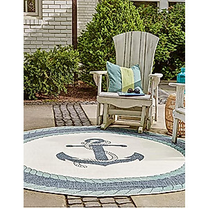 Unique Loom Outdoor Coastal Collection Area Rug - Anchor (7' Round Navy Blue/Light Blue)