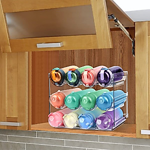 Water Bottle Organizer for Cabinet, 3 Packs Stackable Plastic Water Bottle Storage Holder, Wine Drink Racks for Kitchen Fridge Pantry Refrigerator,Cup Tumbler Organization Shelf- Clear