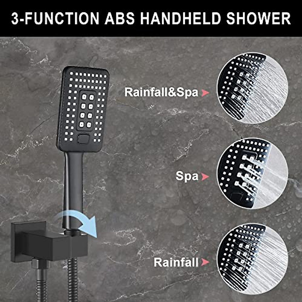 Midanya Matte Black Shower System Ceiling Mount ABS 12 Inch Rain Shower Head with 3 Functions ABS Handheld Spray Luxury High Pressure Shower Combo Set Rough-in Valve and Shower Trim