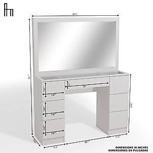 Boahaus Yara LARGE Bedroom Makeup Vanity Desk with Mirror and Lights, 7 Drawers, Glass Top, Crystal Knobs - White Big Vanity Makeup Desk, Built-in Lights, 56'' H x 46.3'' W x 14.6'' D