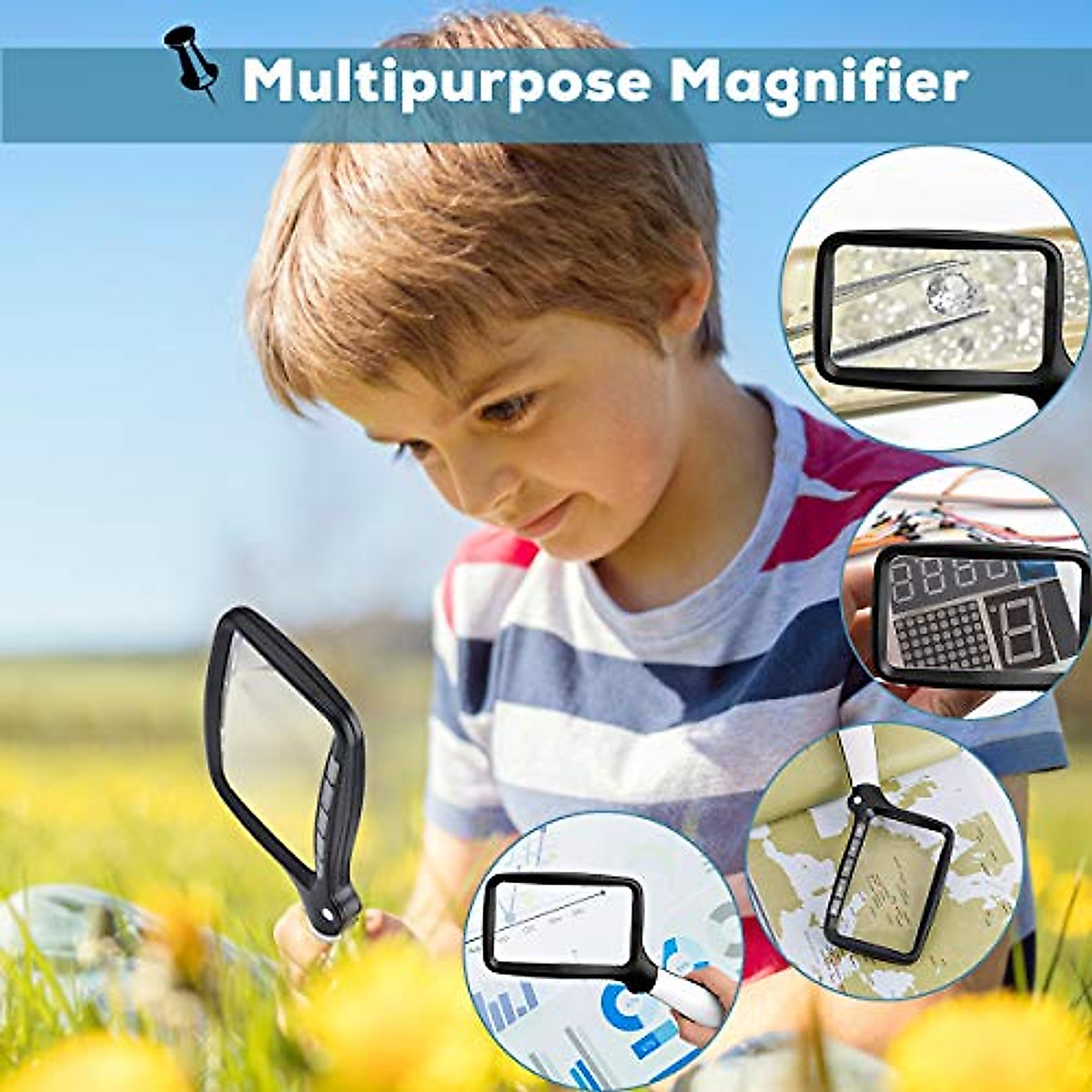 Folding Handheld Magnifying Glass with Light, 3X Large Rectangle Reading Magnifier with Dimmable LED for Seniors with Macular Degeneration, Newspaper, Books, Small Print, Lighted Gift for Low Visions