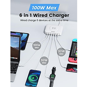100W USB Charging Station with 15W Wireless Charger, Marnana 6-in-1 Multiple USB Ports(2 USB A and 4 USB C Ports) GaN Desktop Charger for iPhone iPad MacBook Laptop Samsung and Android Devices