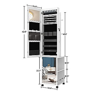 Hzuaneri 8 LEDs Jewelry Cabinet Armoire, 64.8-inch Jewelry Organizer with 1 Garment Rack, Lockable Full-length Mirror with 4 Wheels, Storage Shelves with Hooks, 5-in-1 Multifunctional, White JC17003B