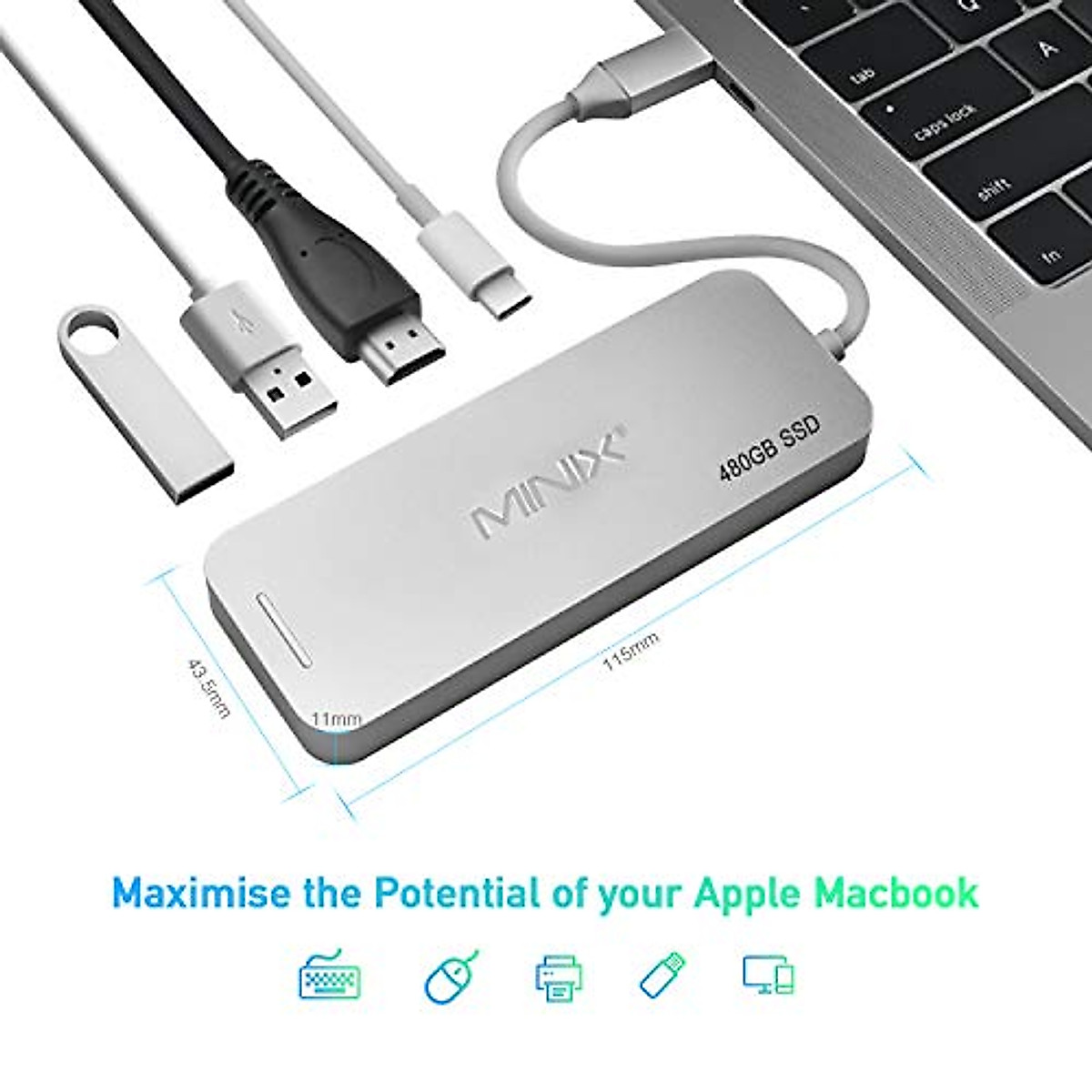 MINIX NEO Storage, 480GB Aluminum USB-C Multiport Solid State Drives Storage Hub with Display Output 4K @ 30Hz, 2 x USB 3.0 and USB-C for Power Delivery, Compatible for Apple MacBook. Silver