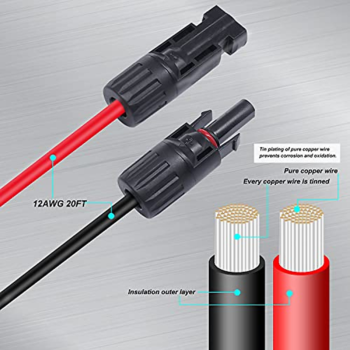 weideer Solar Panel Extension Cable 20FT 12AWG Connector Cable with Female and Male Extension Cable Wire Adapter Kit (20FT Red + 20FT Black) K-V001-12-20