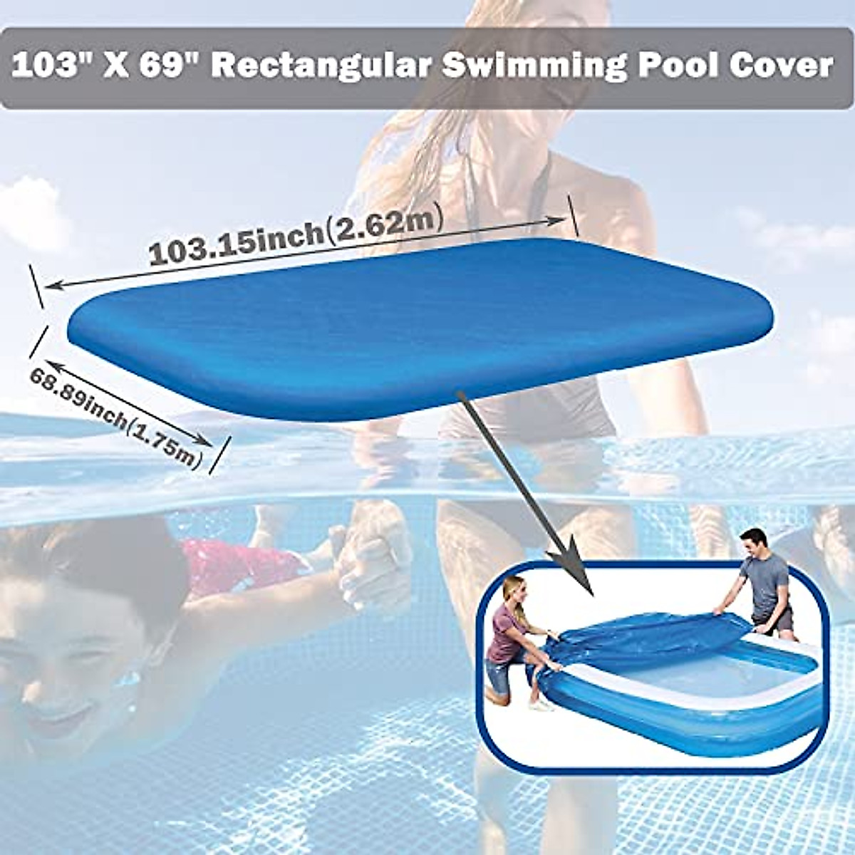 Inflatable Rectangle Pool Cover 103 in x 69 in (262 cm x 175 cm) Rectangular Pool Cover Dustproof Square for Garden Outdoor Paddling Family Rectangle Pools Protector