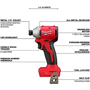 Milwaukee 3650-20 M18 18V Lithium-Ion Brushless Cordless 1/4 in. Compact Impact Driver (Tool Only), Red