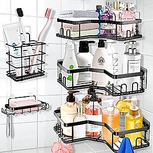 Wiqeerilly Corner Shower Caddy, Adhesive Bathroom Shower Organizer with 22 Hooks, 304 Stainless Steel Rustproof Shower Shelf for Inside Shower & Kitchen Storage - 5 Pack (Matte Black)