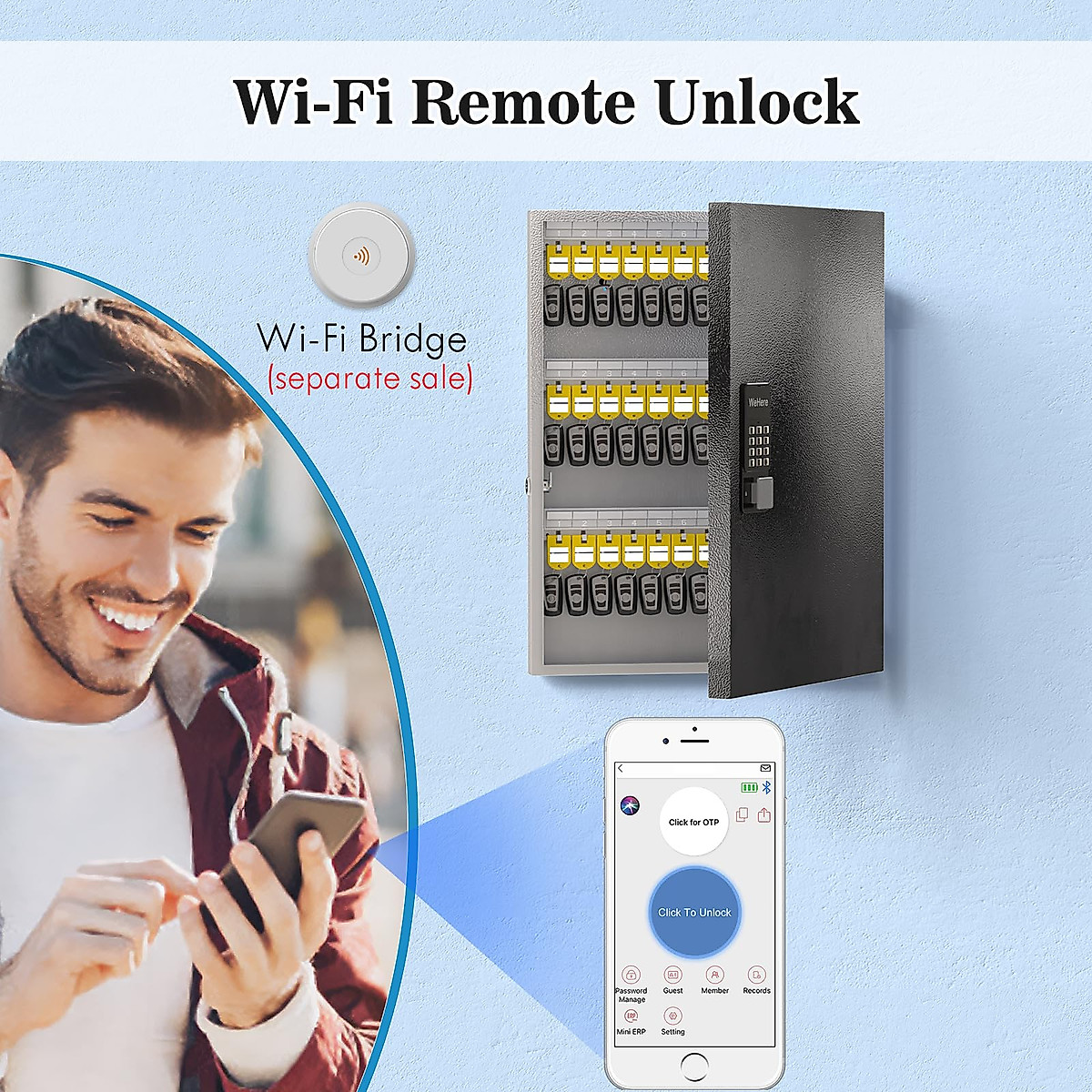 72 Key Cabinet Organizer,Metal Key Lock Box Wall Mount use OTP Technology Unlock,Fixed Password/Bluetooth Unlock, App Remotely Generates Pin Codes Without Internet,Great for Key Hook & Storage