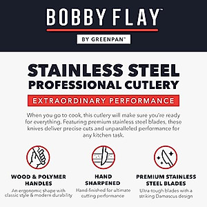 GreenPan x Bobby Flay 6 Piece Steak Knife Set with Wood Storage Box, Premium Stainless Steel Blades, Precision Cutting Tools, Ultra-Versatile Cutlery, Hand Finished Wood Handle, Damascus Steel Design