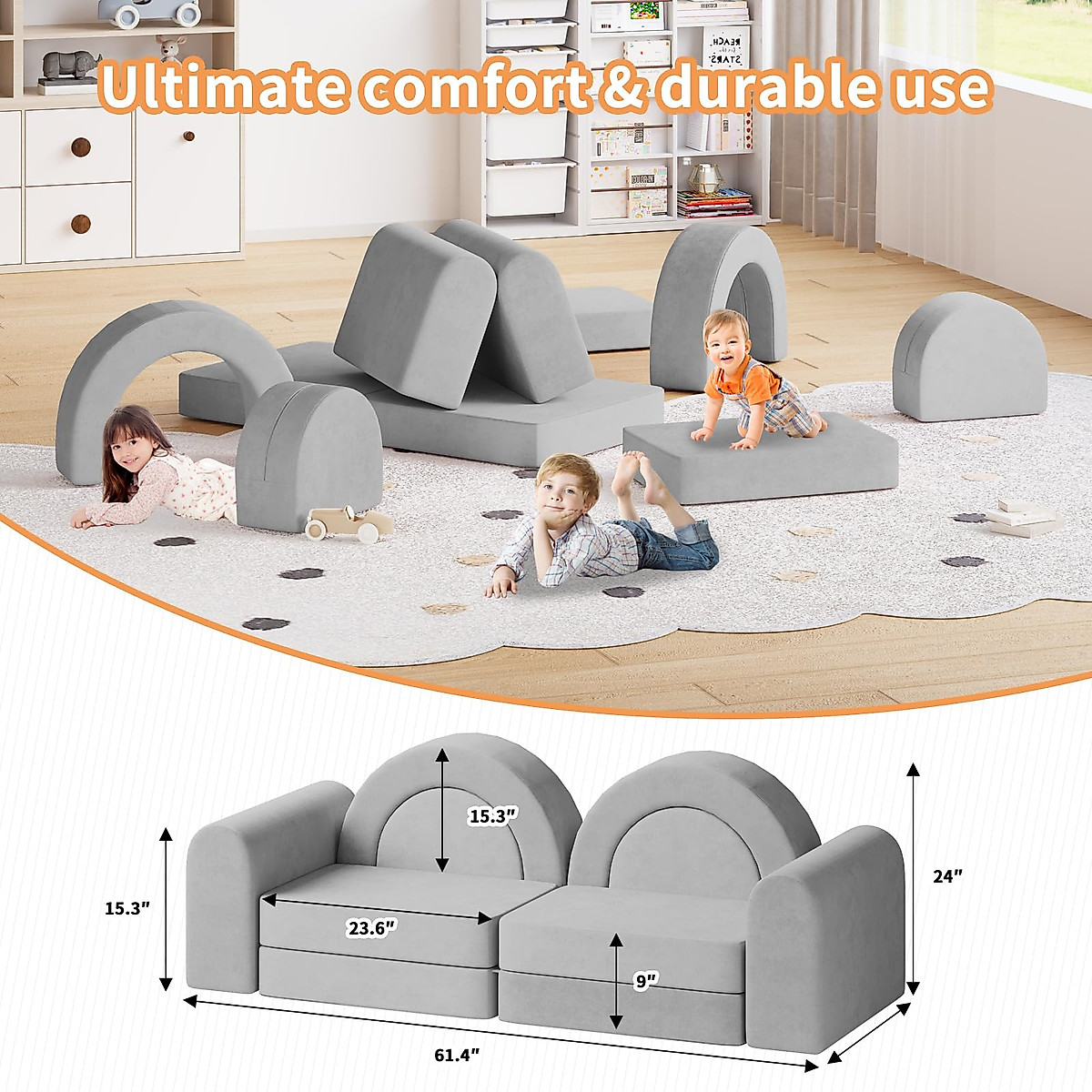 MOOITZ Modular Kids Play Couch, 10pcs Kids Play Couch for Playroom Bedroom, Convertible Modular Toddler Couch, Creative Kids Foam Sofa for Boys and Girls-Grey