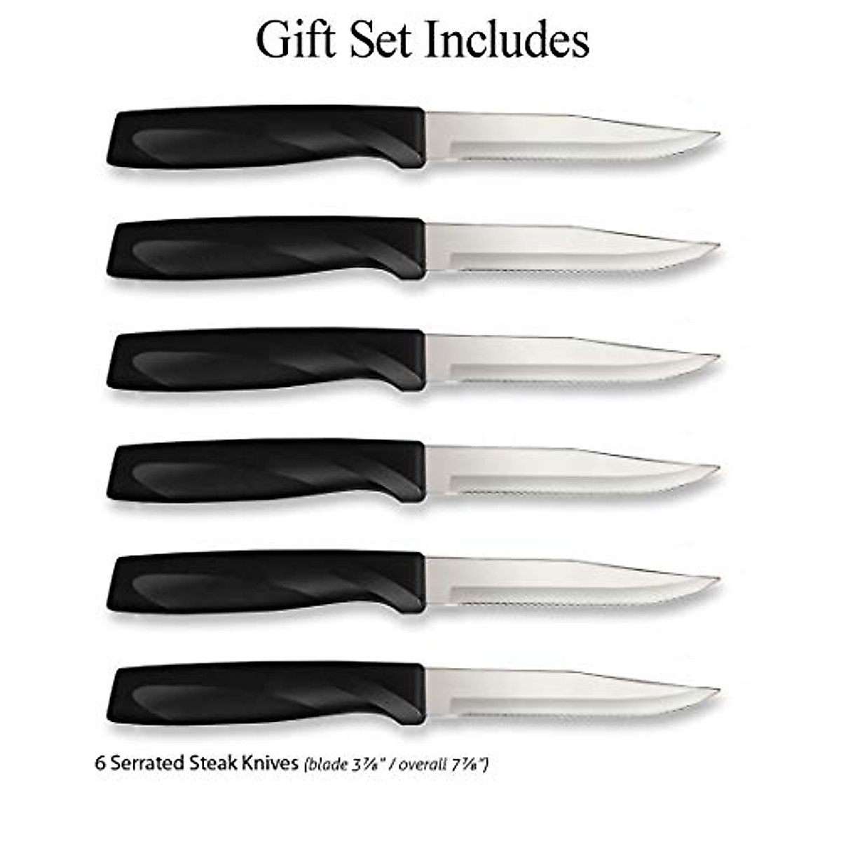 Rada Cutlery Anthem Series Serrated Knife Set Stainless Steel Dining Steak Knives with Ergonomic Black Resin Handles, Set of 6