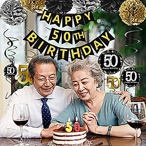 Famoby Black & Gold Glittery Happy 50th Birthday Banner,Poms,Sparkling 50 Hanging Swirls Kit for 50th Birthday Party 50th Anniversary Decorations Supplies